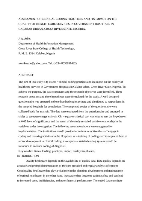 Pdf Assessment Of Clinical Coding Practices And Its Impact On The