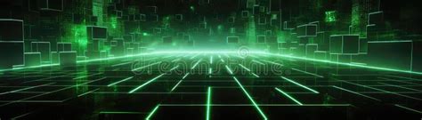Dark Room With Lot Of Green Lights Matrix Coded Background Representing