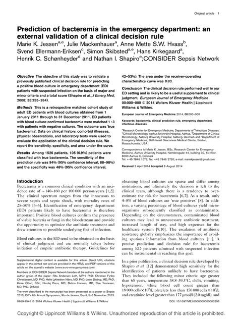 Pdf Prediction Of Bacteremia In Emergency Department Patients With