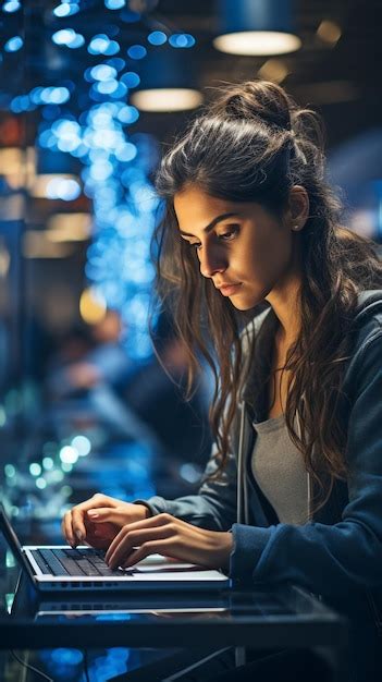 Premium AI Image A Female IT Engineer At A Data Centre Using A Laptop