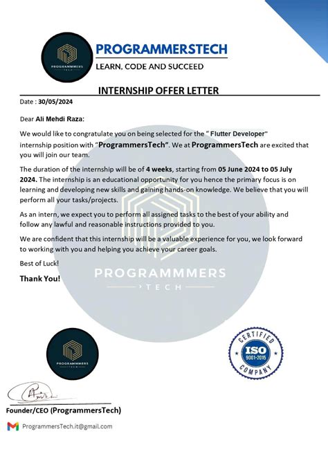 Ali Mehdi Raza On Linkedin Flutterdeveloper Internship Programmerstech