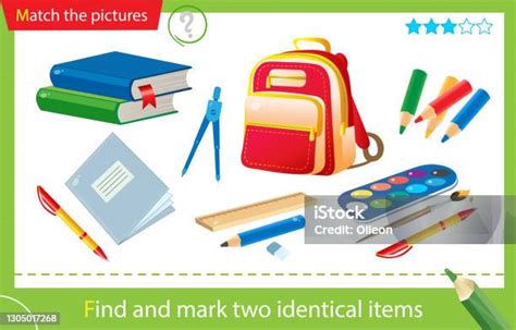 동일한 두 항목을 찾아 표시합니다 아이들을위한 퍼즐 일치하는 게임 아이들을위한 교육 게임 학교 용품의 색상 이미지 교과서 연필 통치자 펜 노트북 페인트 및 가방 미취학
