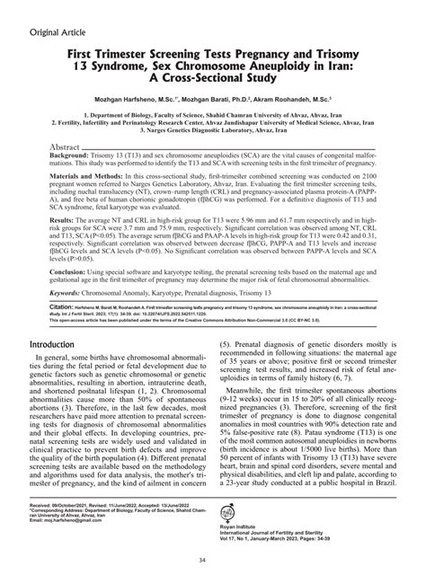 Pdf First Trimester Screening Tests Pregnancy And Trisomy 13 Syndrome Sex Chromosome