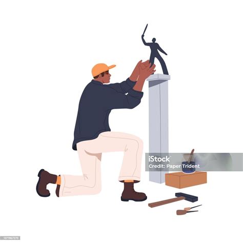 받침대에 동상조각가 장인 만들기 조각 장인 조각 끌과 망치로 만드는 직장에서 아프리카계 미국인 마스터 흰색 배경에 격리된 플랫 벡터 그림 등장인물에 대한 스톡 벡터 아트 및