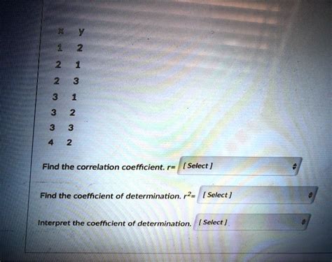 Solved 2 2 1 2 0 3 1 2 Find The Correlation Coefficient Select Find
