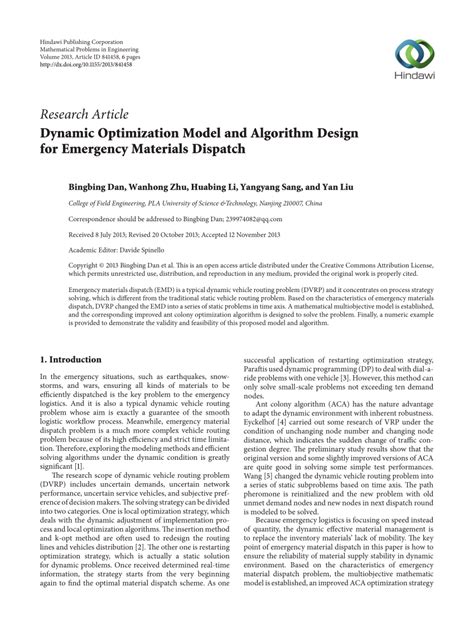 pdf dynamic optimization model and algorithm design for emergency