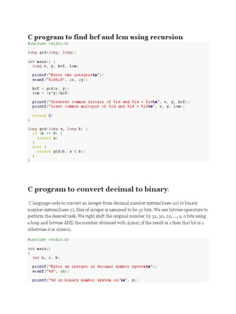 C Program To Find Hcf And Lcm Using Recursion Pdf Mathematical Notation Computer Programming