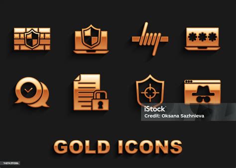 문서 및 잠금 암호가있는 노트북 브라우저 시크릿 창 방패 확인 표시 말풍선 철조망 벽돌 벽 및 보호 된 방패 아이콘을 설정합니다