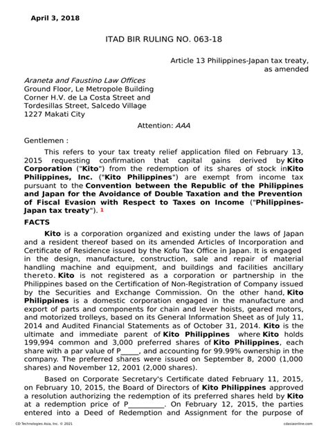 Itad Bir Ruling No 063 18 Pdf Capital Gain Dividend