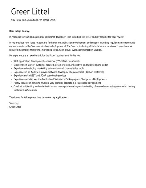 Salesforce Developer Cover Letter Velvet Jobs