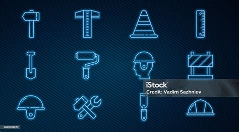 라인 작업자 안전 헬멧 도로 장벽 교통 콘 페인트 롤러 브러시 삽 망치 및 T스퀘어 라인 아이콘을 설정합니다 벡터 T 자에 대한 스톡 벡터 아트 및 기타 이미지 Istock