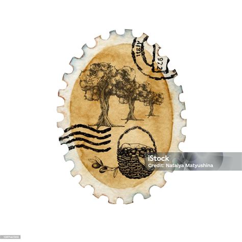 빈 우표 엽서 올리브 나무와 숲 흰색 배경에 격리 된 수채화 손 그린 그림 메일 디자인 우편 서신 스크랩북 수제 엽서 가장자리에 대한 스톡 벡터 아트 및 기타 이미지