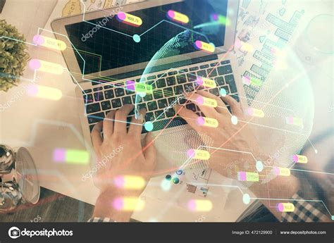 multi exposure man s hands typing computer keyboard world map hologram