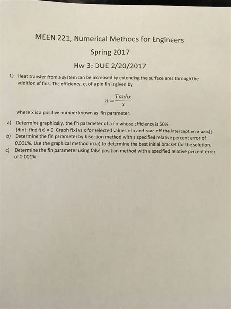 Solved Meen 221 Numerical Methods For Engineers Spring 2017