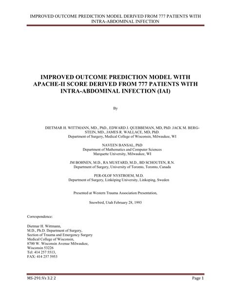Pdf 288 Improved Outcome Prediction Model With Apache Ii Score Derived From 777 Intra