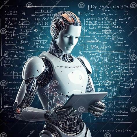 3d Rendering Humanoid Robot Using Tablet Computer With Mathematical Formulas On Background
