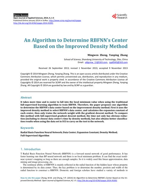 Pdf An Algorithm To Determine Rbfnns Center Based On The Improved