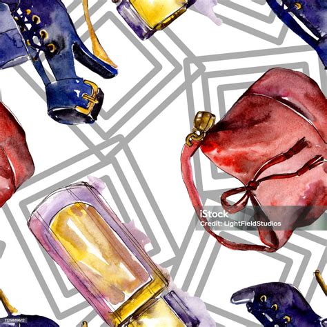 Parfume 시계 신발 가방 수채화 스타일에서 패션 매력적인 그림을 스케치합니다 해당 완벽 한 패턴입니다 개인 장식품에 대한 스톡 벡터 아트 및 기타 이미지 Istock