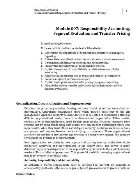 Module 007 Responsibility Accounting Segment Evaluation And Transfer Pricing Pdf Stocks
