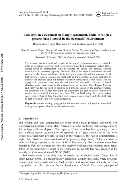 PDF Soil Erosion Assessment In Rangit Catchment India Through A Process Based Model In The