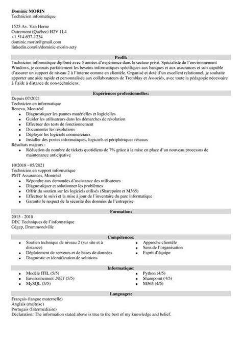 Exemple De Cv Informatique De Technicien à Ingénieur Ti