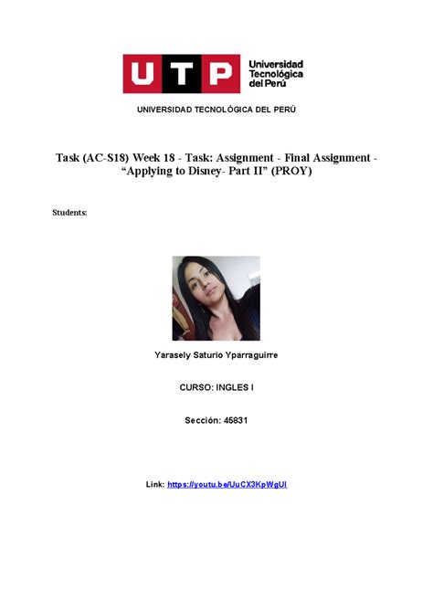 Ac S18 Week 18 Task Assignment Final Assignment Applying To Disney Part Ii” Proy
