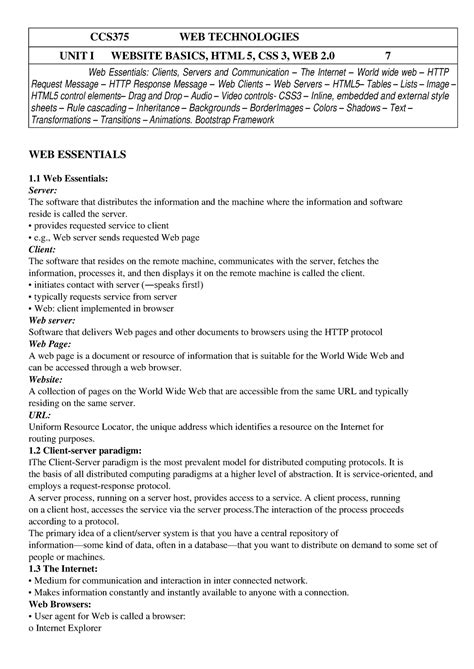Unit 1 Ccs375 Web Technologies Unit I Website Basics Html 5 Css 3