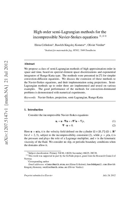 Pdf High Order Semi Lagrangian Methods For The Incompressible Navier Stokes Equations