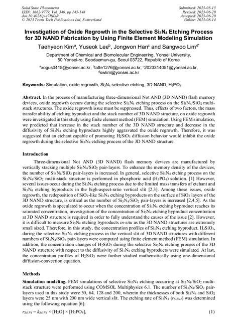 Investigation Of Oxide Regrowth In The Selective Si3n4 Etching Process For 3d Nand Fabrication
