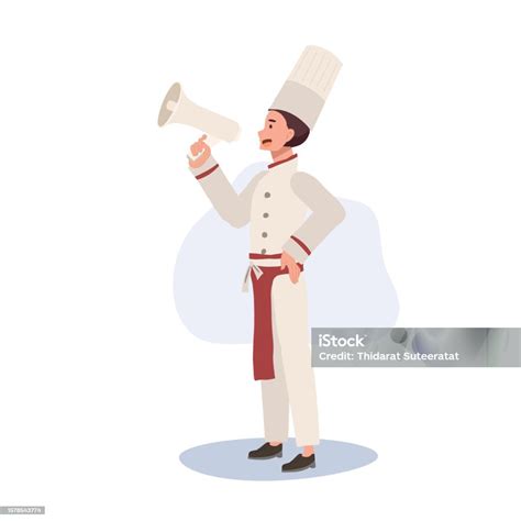 전체 길이의 요리사 그림입니다 확성기를 들고 있는 자신감 넘치는 남자 요리사 전문 요리사가 메가폰으로 발표합니다 플랫 벡터 만화