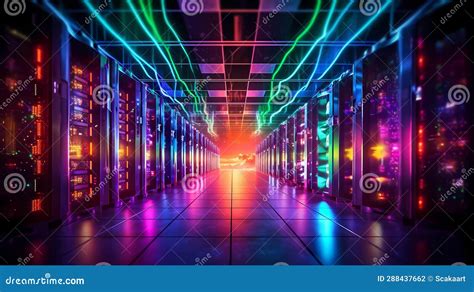Data Center Illumination Journey Into The Neon Lit Depths Of Technology Stock Illustration