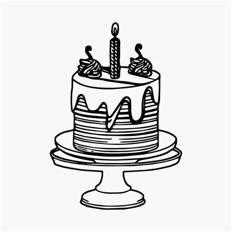 생일 케이크 색칠 페이지 검은색과 ⁇ 색으로 손으로 그렸다 프리미엄 벡터