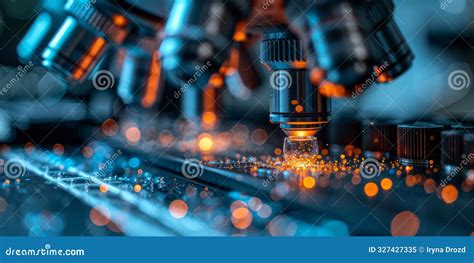 Close Up Of A High Tech Laboratory Microscope Analyzing Samples With Glowing Particles In A