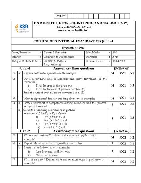 23cs1231 Python Programming Cie1 Qp Reg No K S R Institute For