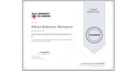 completion certificate for introduction to object oriented programming in… aditya manapure