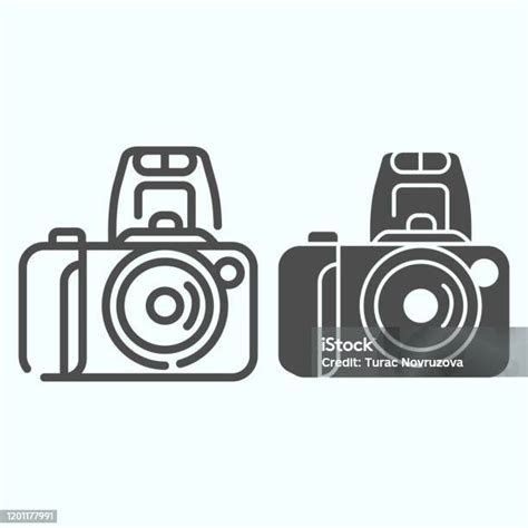 카메라 라인 과 단색 아이콘 흰색으로 격리된 사진 벡터 일러스트레이션을 기록하는 장치입니다 사진 카메라 개요 스타일 디자인 웹 및 응용 프로그램을 위해 설계 Eps 10