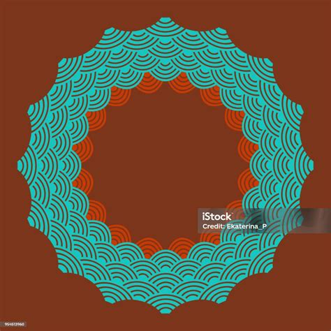 텍스트에 대 한 라운드 화 환 컴포지션 프레임입니다 생선 비늘 일본 파 원 패턴 청록색 파란 청록색 갈색 바탕에 와인 색 밤색