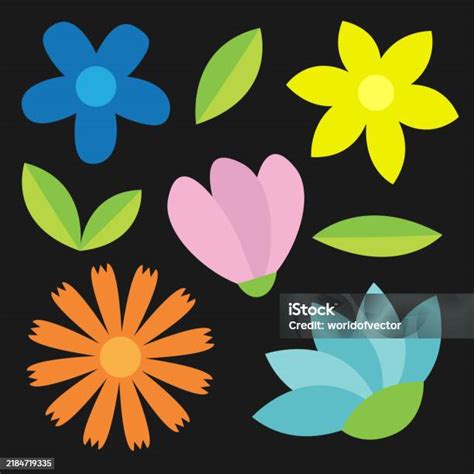 꽃 나뭇잎 식물 추상 꽃 머리 잎 세트 어린아이 같은 심플한 스타일 데이지 캐모마일 튤립 거베라 부케 꽃 모양 현대적인 낙서 요소 플랫 디자인 검은색 배경입니다 개체 그룹에