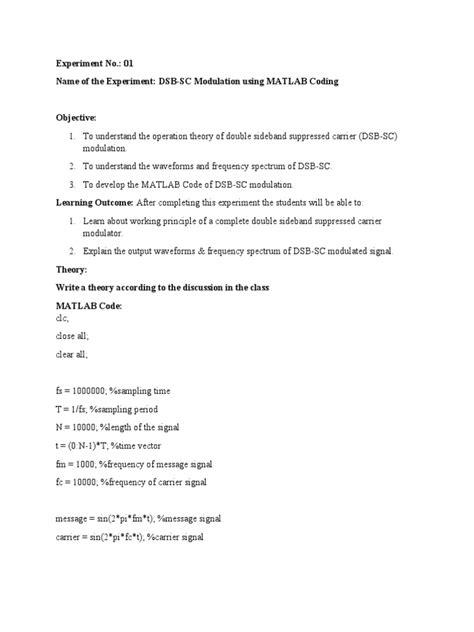 experiment no 01 name of the experiment dsb sc modulation using