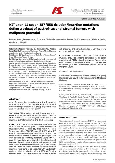 Pdf Kit Exon 11 Codon 557 558 Deletion Insertion Mutations Define A Subset Of Gastrointestinal