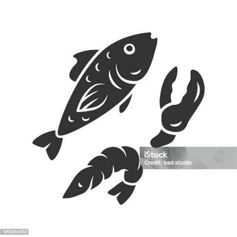 해산물 문말 아이콘입니다 오메가 3 소스 제품 미식가 식사 건강한 음식 실루엣 기호입니다 삶은 새우 연어 접시 재료 음수