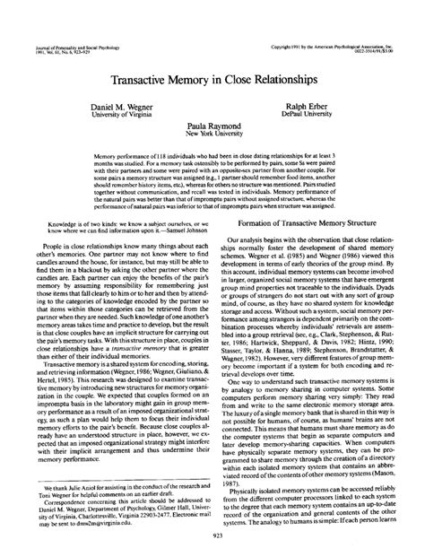 Pdf Transactive Memory In Close Relationships