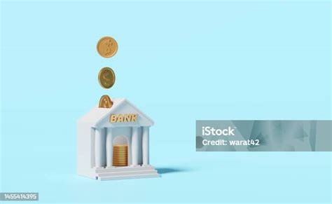 파란색 파스텔 배경에 격리된 금화 동전이 있는 은행 또는 세무서 건물은행 금융 환전 개념 3d 그림 또는 3d 렌더링 3차원 형태에 대한 스톡 사진 및 기타 이미지 Istock