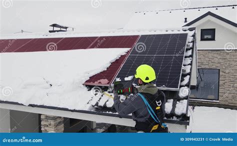 Repairman With Modern Tablet Detecting Error On Solar Panels Stock Image Image Of Detecting