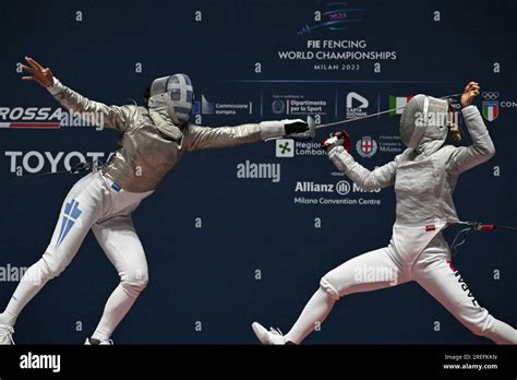 Misaki Emura Of Japan R Fights Against Despina Georgiadou Of Greece During The 2023 Fie