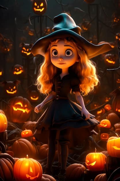 Premium Ai Image Halloween Cute Witch Girl 3d Character Cartoon With Pumpkin Potrait Wallpaper