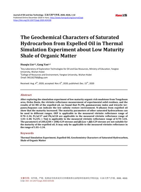 PDF The Geochemical Characters Of Saturated Hydrocarbon From Expelled Oil In Thermal