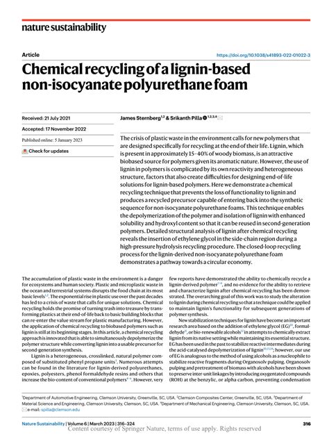 Chemical Recycling Of A Lignin Based Non Isocyanate Polyurethane Foam Request Pdf