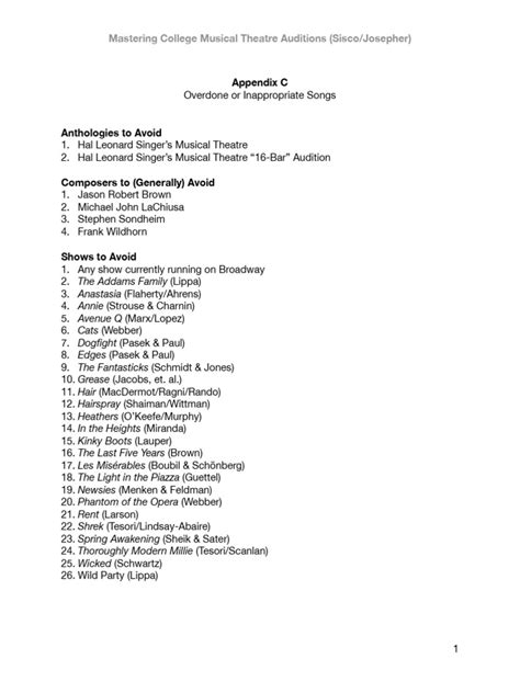 Appendix C Overdone Songs Pdf Musical Theatre Broadway Theatre