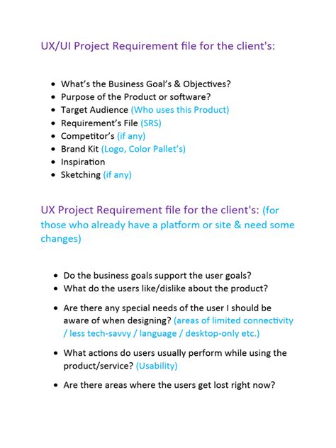 Ux Ui Project Requirements File For The Clients Pdf